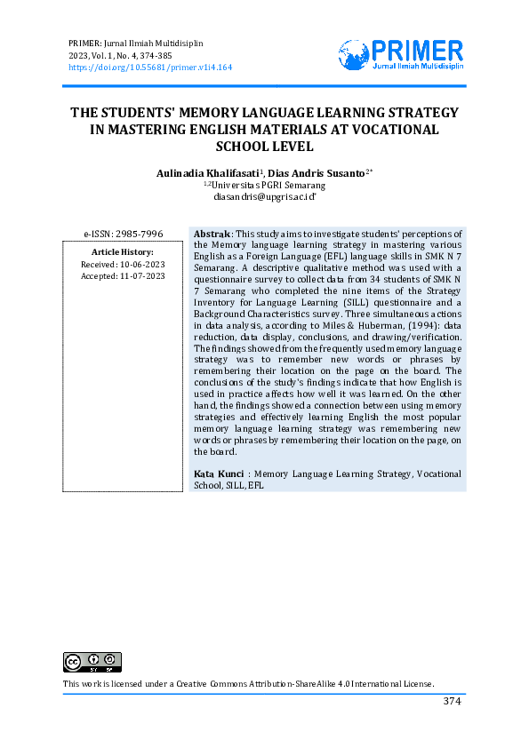 (PDF) The Students' Memory Language Learning Strategy in Mastering ...