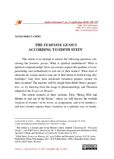 (PDF) The Feminine Genius According to Edith Stein