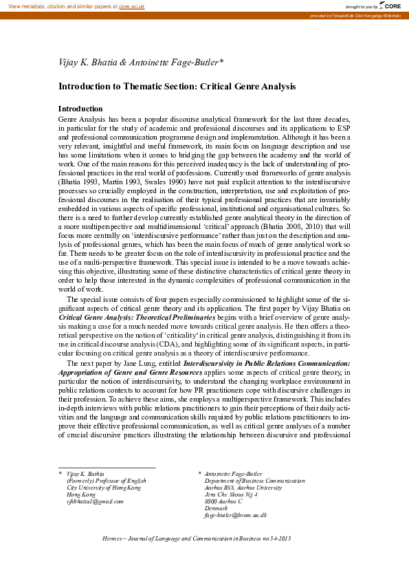 (PDF) Introduction to Thematic Section: Critical Genre Analysis