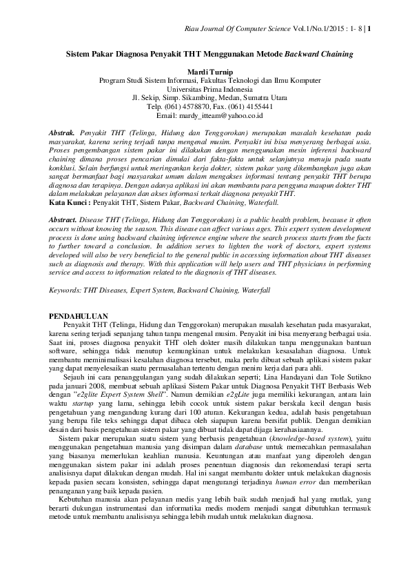 (PDF) Sistem Pakar Diagnosa Penyakit THT Menggunakan Metode Backward Chaining