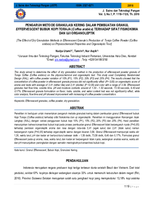 (PDF) PENGARUH METODE GRANULASI KERING DALAM PEMBUATAN GRANUL EFFERVESCENT BUBUK KOPI TORAJA ...