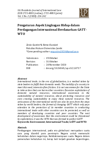 (PDF) Pengaturan Aspek Lingkungan Hidup dalam Perdagangan Internasional Berdasarkan GATT-WTO