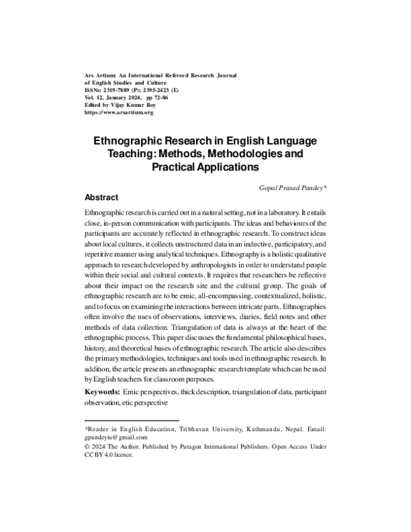 (PDF) Ethnographic Research in English Language Teaching: Methods, Methodologies and Practical ...
