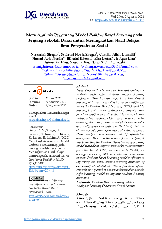 (PDF) Meta Analisis Penerapan Model Problem Base Learning pada Jenjang Sekolah Dasar untuk ...