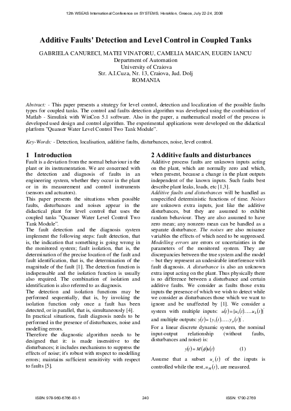 (PDF) Additive faults' detection and level control in coupled tanks