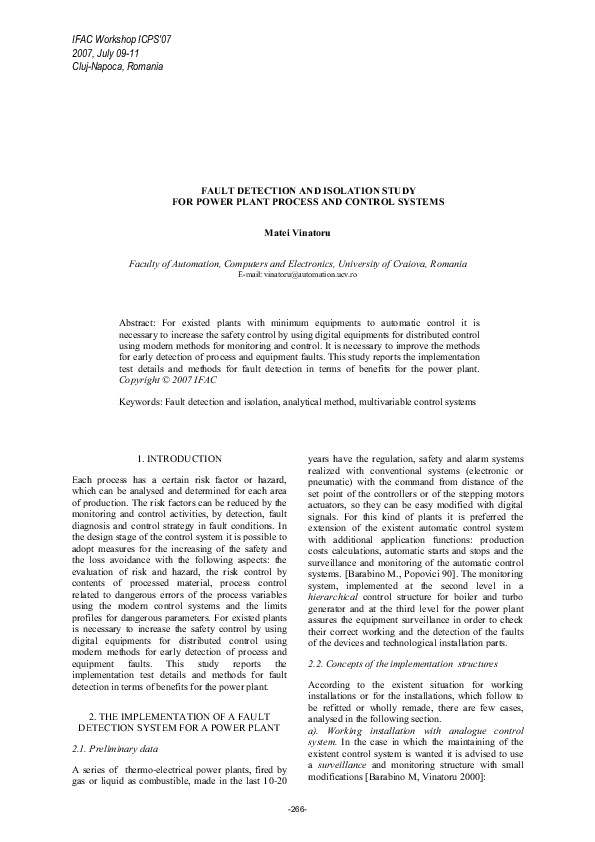 (PDF) Fault Detection and Isolation Study for Power Plant Process and Control Systems