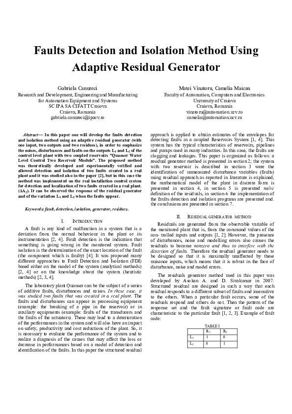 Pdf Faults Detection And Isolation Method Using Adaptive Residual