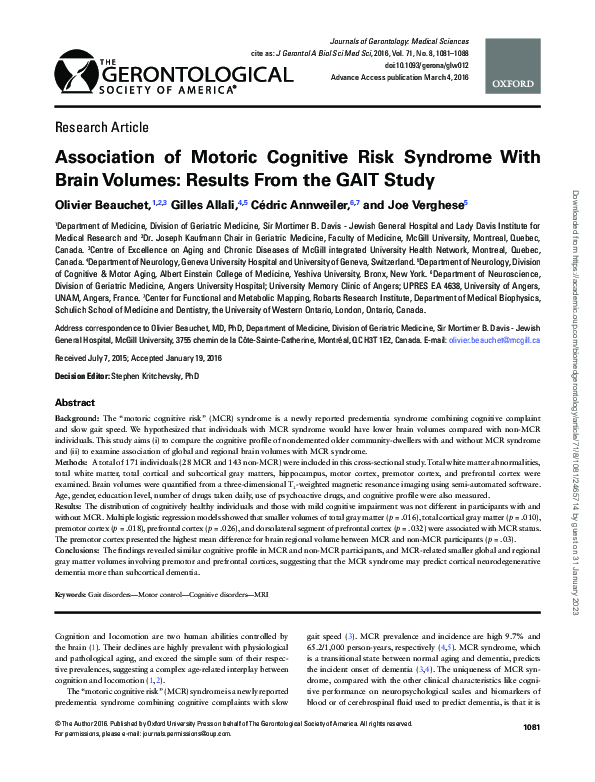 (PDF) Association of Motoric Cognitive Risk Syndrome With Brain Volumes ...