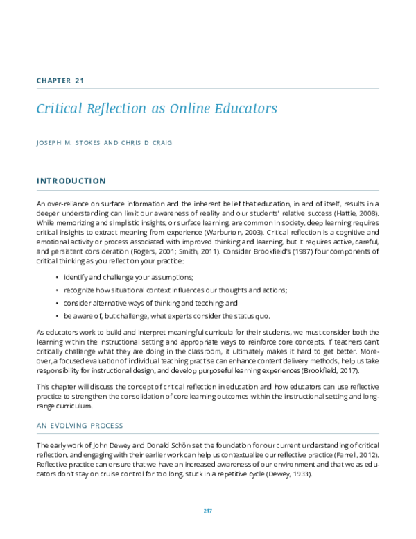 (PDF) Critical Reflection as Online Educators