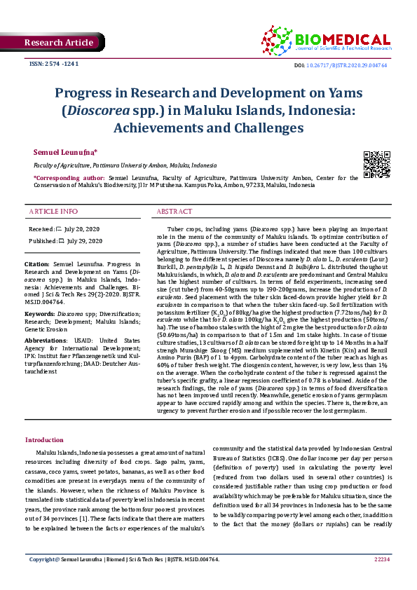 (PDF) Progress in Research and Development on Yams (Dioscorea spp.) in Maluku Islands, Indonesia ...