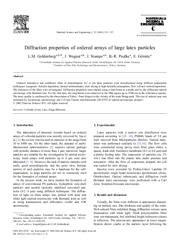 (PDF) Diffraction properties of ordered arrays of large latex particles