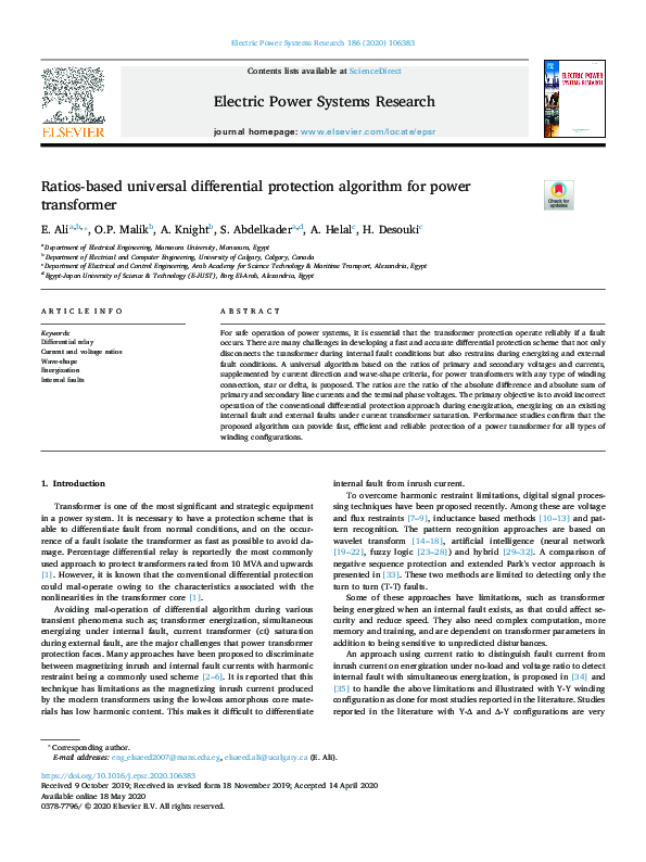(PDF) Ratios-based universal differential protection algorithm for power transformer