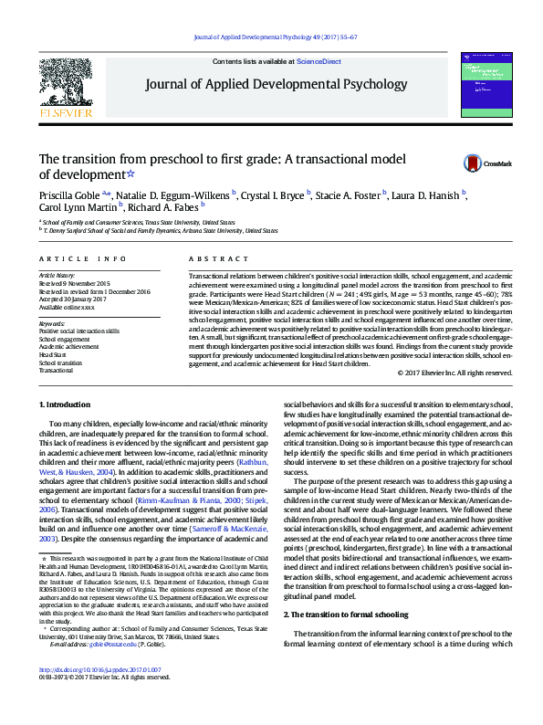 (PDF) The transition from preschool to first grade: A transactional ...