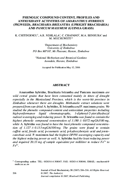 (PDF) Phenolic Compound Content, Profiles and Antioxidant Activities of Amaranthus Hybridus ...