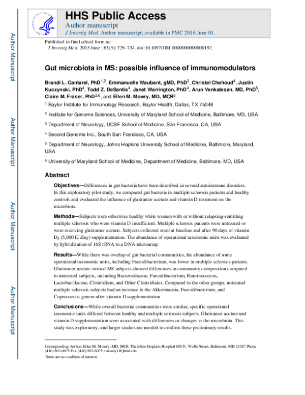 (PDF) Gut Microbiota in Multiple Sclerosis: Possible Influence of Immunomodulators | Claire ...