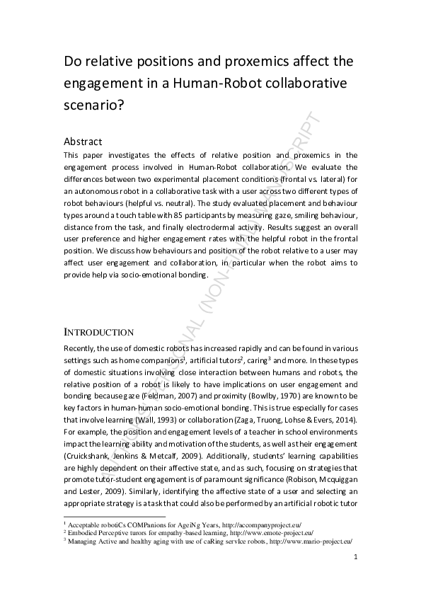 (PDF) Do relative positions and proxemics affect the engagement in a Human-Robot collaborative ...