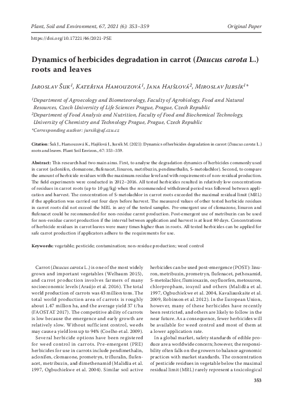 (PDF) Dynamics of herbicides degradation in carrot (Daucus carota L.) roots and leaves
