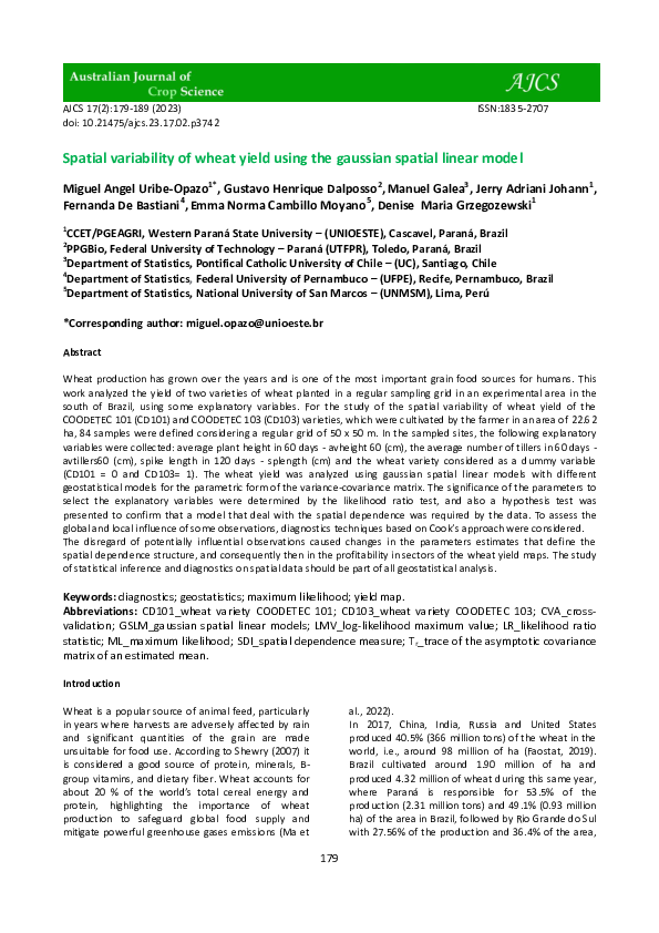 Pdf Wheat Yield Variability Analyzed With Gaussian Spatial Model