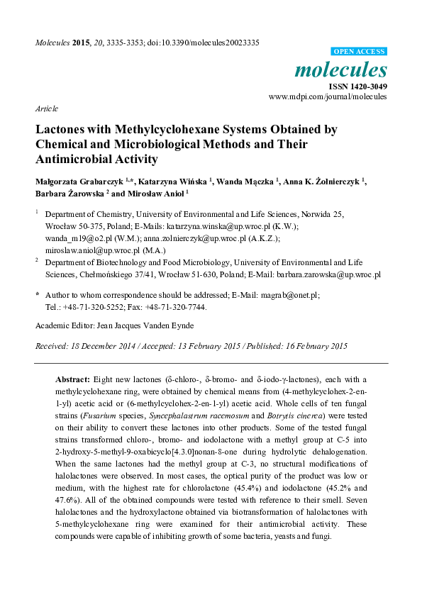 (PDF) Article Lactones with Methylcyclohexane Systems Obtained by ...
