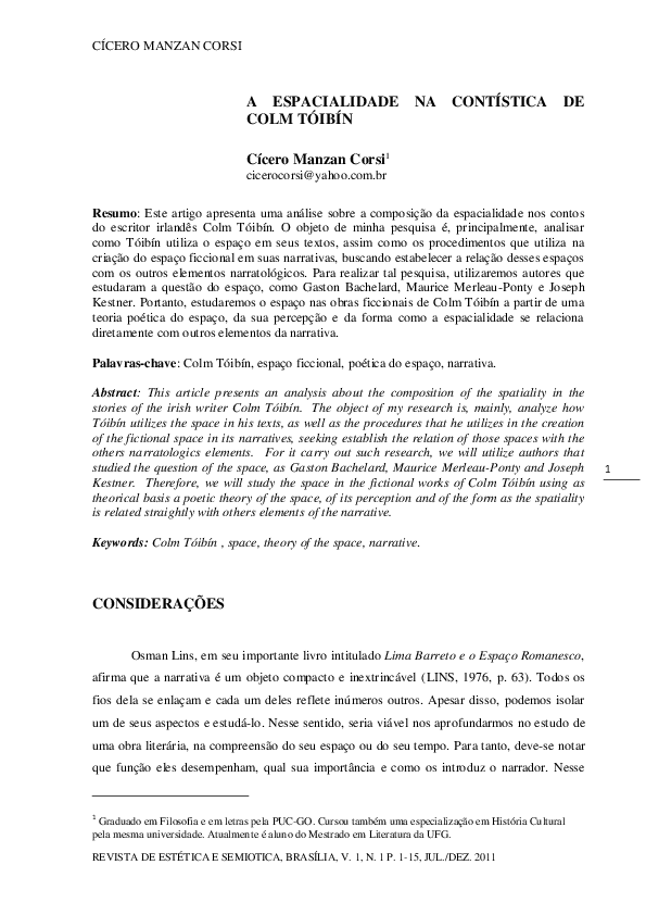(PDF) A Espacialidade Na Contística De Colm Tóibín | Cicero Corsi - Academia.edu
