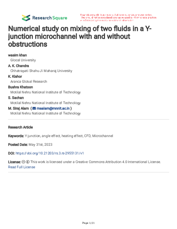 (PDF) Numerical study on mixing of two fluids in a Y-junction microchannel with and without ...