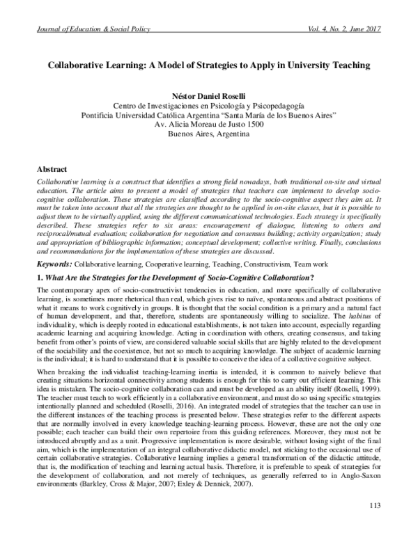 (PDF) Collaborative Learning: A Model of Strategies to Apply in University Teaching