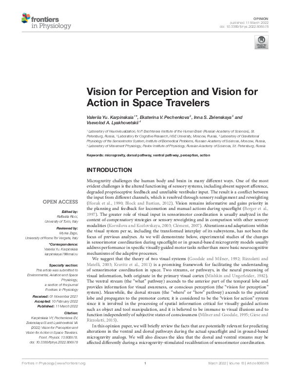 (PDF) Vision for Perception and Vision for Action in Space Travelers
