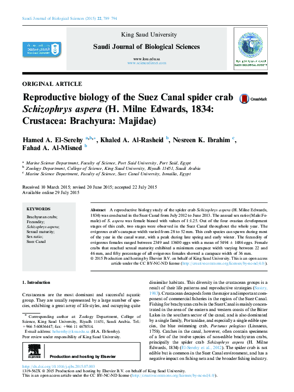 (PDF) Reproductive Biology of the Suez Canal spider crab Schizophrys ...