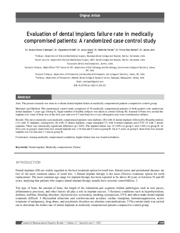 (PDF) Evaluation of dental implants failure rate in medically ...