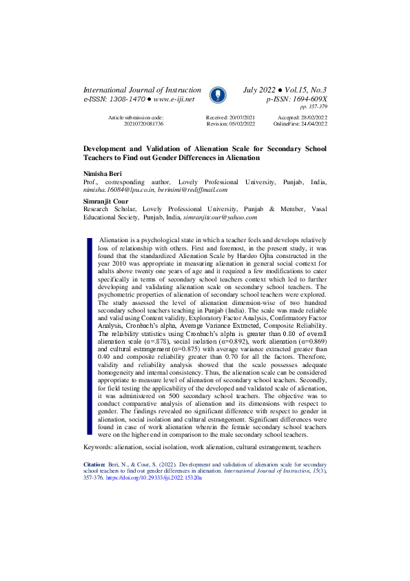 (PDF) Development and Validation of Alienation Scale for Secondary ...