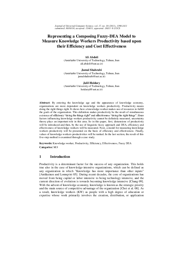 (PDF) Representing a Composing Fuzzy-DEA Model to Measure Knowledge Workers Productivity based ...