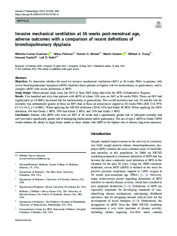 (PDF) Invasive Ventilation and Adverse Outcomes in Severe BPD Patients