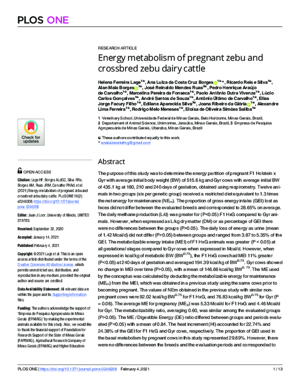 (PDF) Energy metabolism of pregnant zebu and crossbred zebu dairy cattle