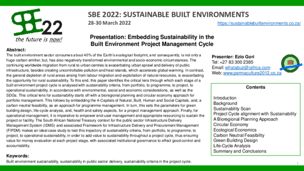 (PDF) Presentation: Embedding Sustainability in the Built Environment ...