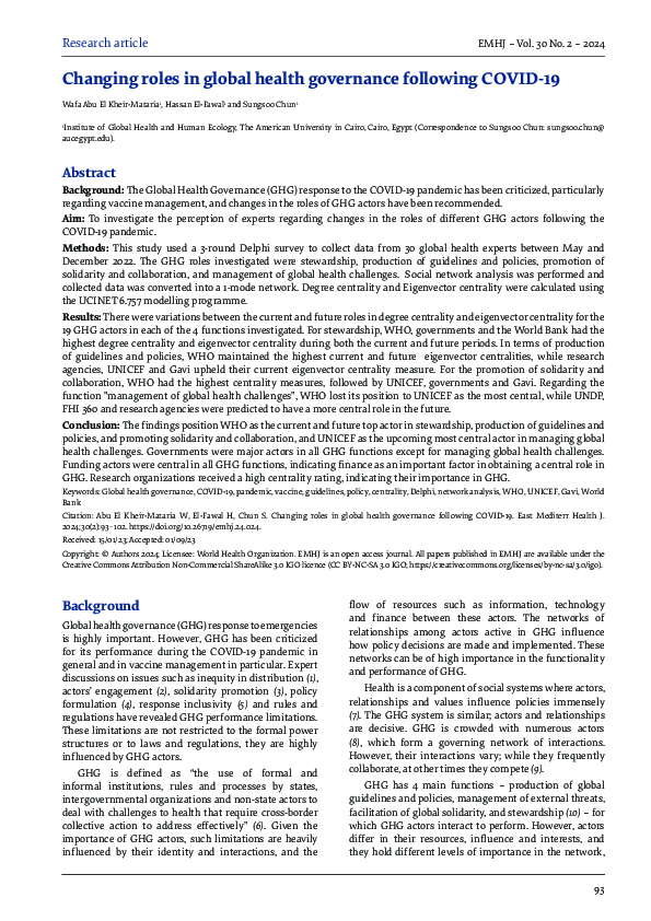 (PDF) Changing roles in global health governance following COVID-19