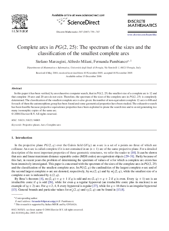 (PDF) Complete arcs in PG(2,25): The spectrum of the sizes and the classification of the ...
