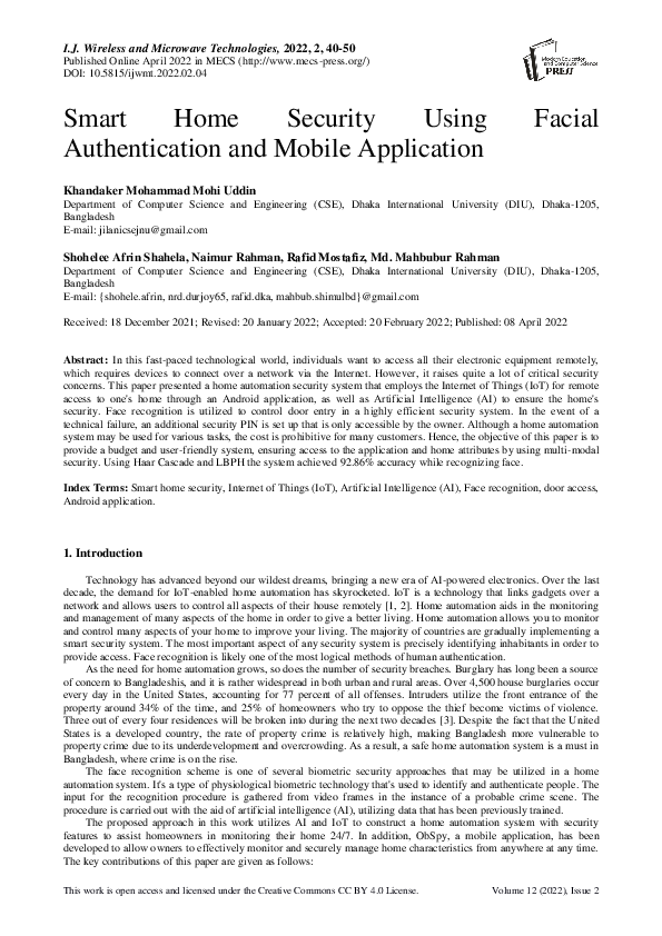 (PDF) Smart Home Security Using Facial Authentication and Mobile Application