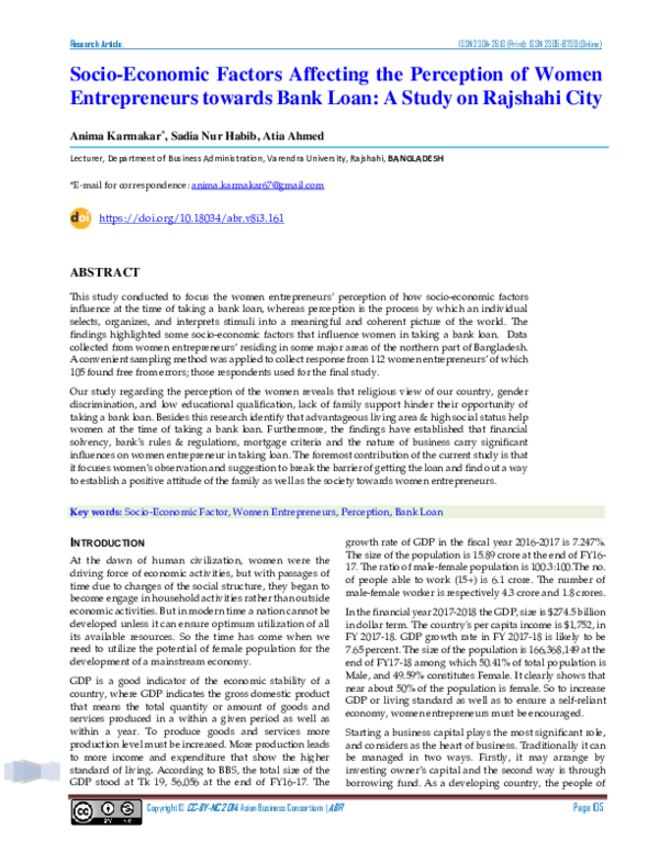 (PDF) Socio-Economic Factors Affecting the Perception of Women Entrepreneurs towards Bank Loan ...