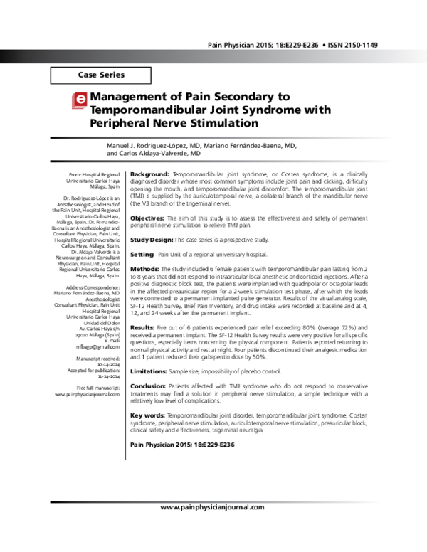 (PDF) Management of Pain Secondary to Temporomandibular Joint Syndrome ...