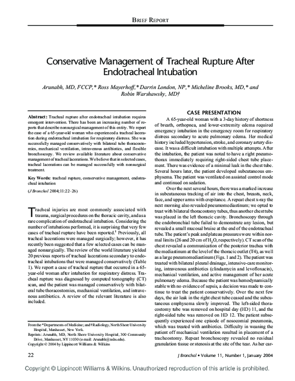 (PDF) Conservative management of tracheal rupture after intubation