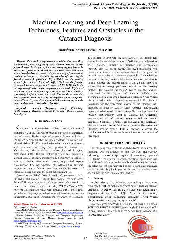 (PDF) Machine Learning and Deep Learning Techniques Features and Obstacles in the Cataract Diagnosis