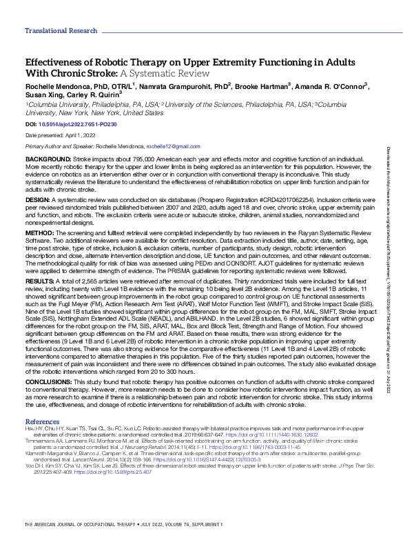 (PDF) Effectiveness of Robotic Therapy on Upper-Extremity Function and Pain in Adults With ...