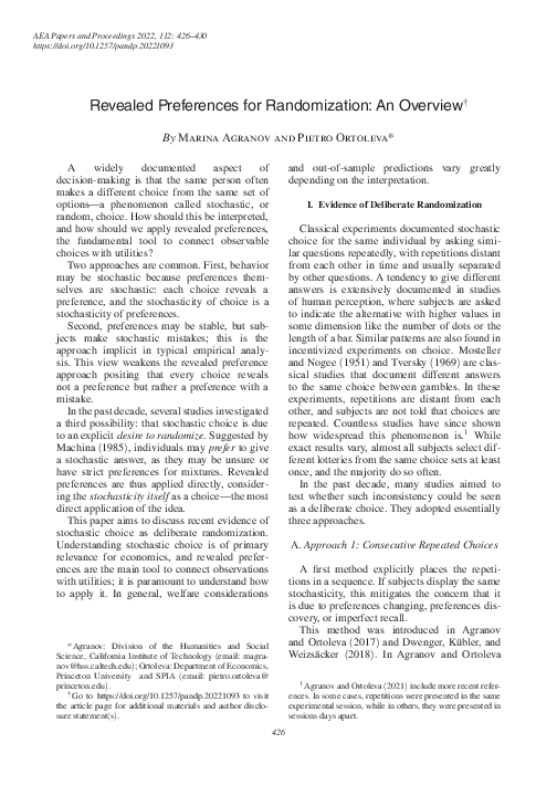 (PDF) Revealed Preferences for Randomization: An Overview