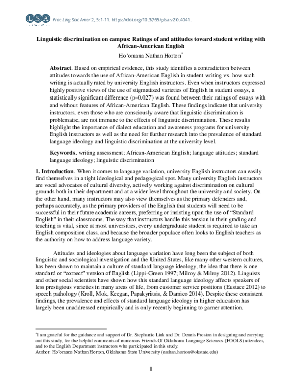 (PDF) Linguistic discrimination on campus: Ratings of and attitudes toward student writing with ...