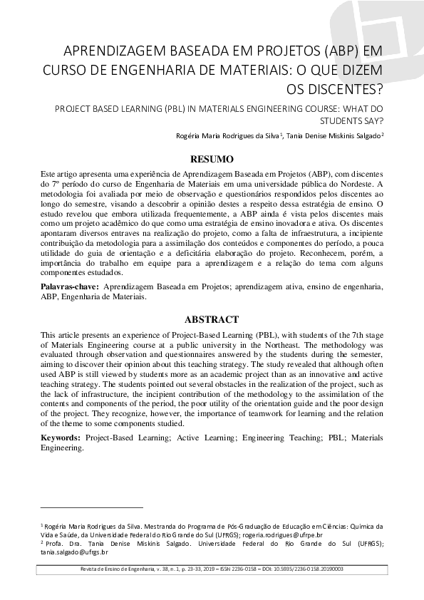 (PDF) Project Based Learning (PBL) in Materials Engineering Course ...
