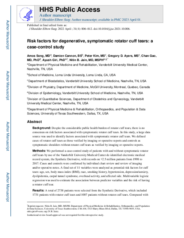 (PDF) Risk factors for degenerative, symptomatic rotator cuff tears: a ...