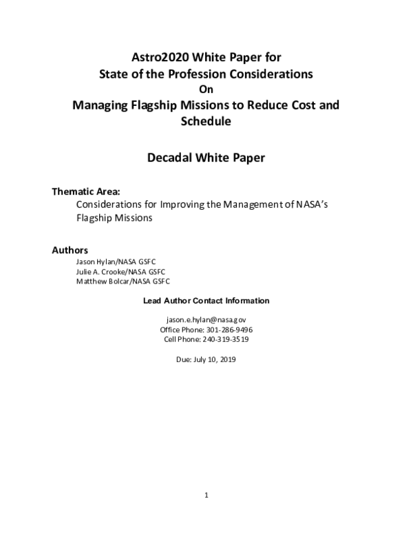 (PDF) Managing Flagship Missions to Reduce Cost and Schedule
