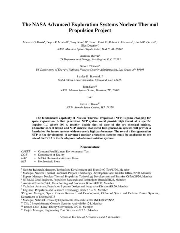 (PDF) The NASA Advanced Exploration Systems Nuclear Thermal Propulsion ...