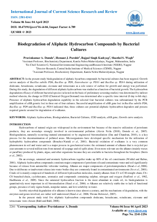 (PDF) Biodegradation of Aliphatic Hydrocarbon Compounds by Bacterial ...