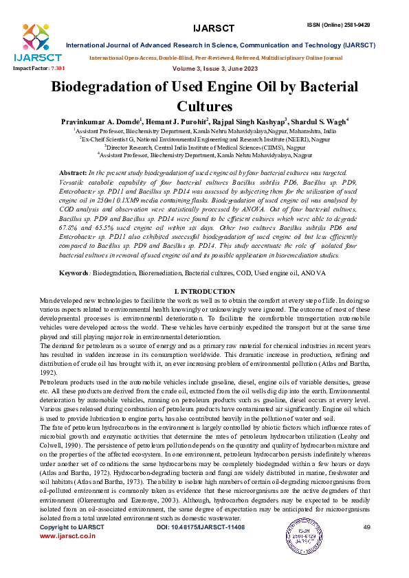 (PDF) Biodegradation of Used Engine Oil by Bacterial Cultures